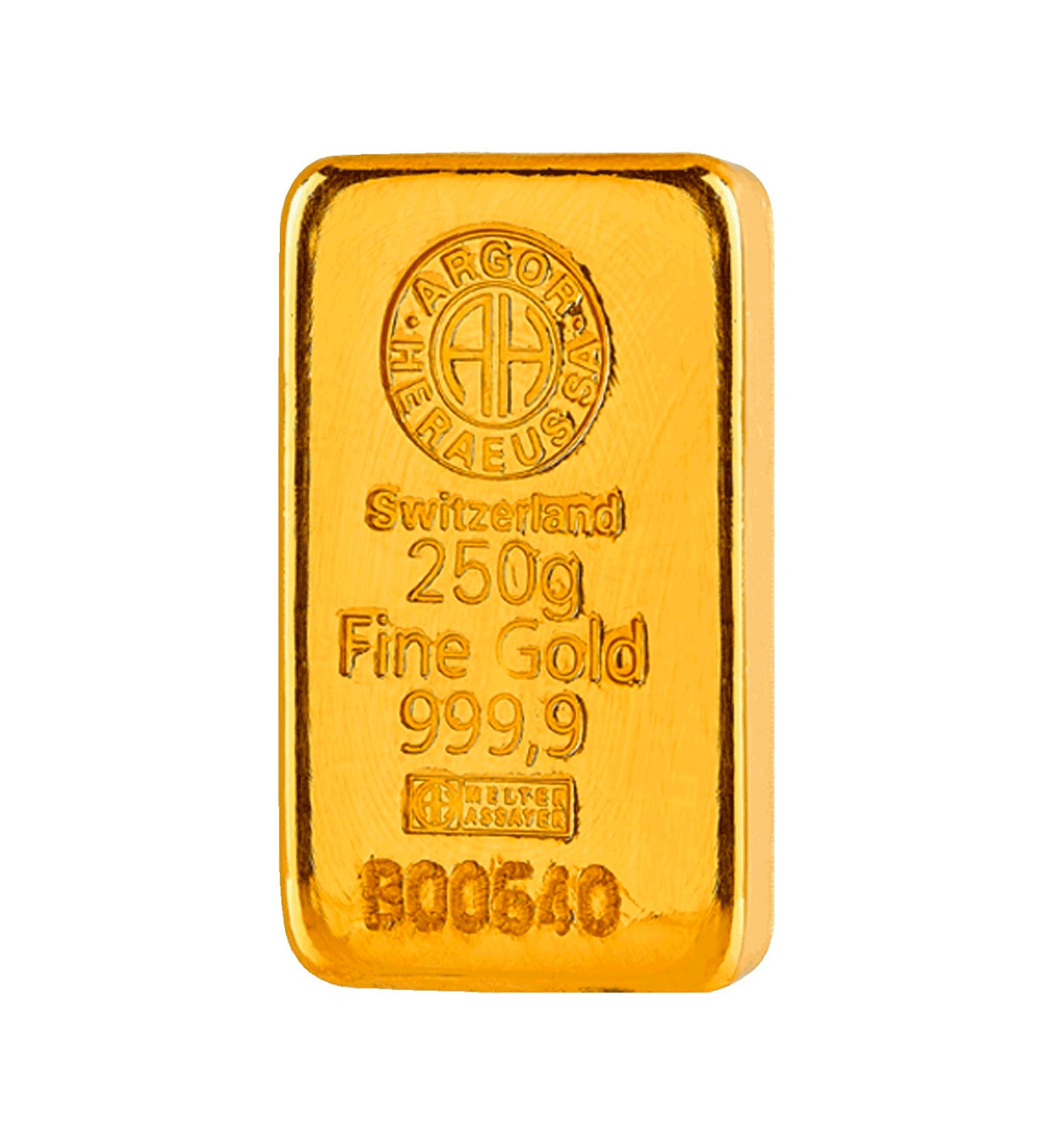 Lingote de oro casted Argor Heraeus de 250g